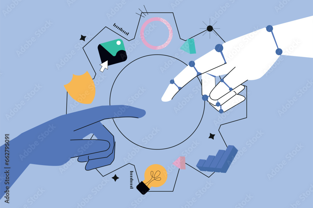 Ai Hands Concept In The Flat Cartoon Style The Connection Of A Human Hand And A Robot Hand
