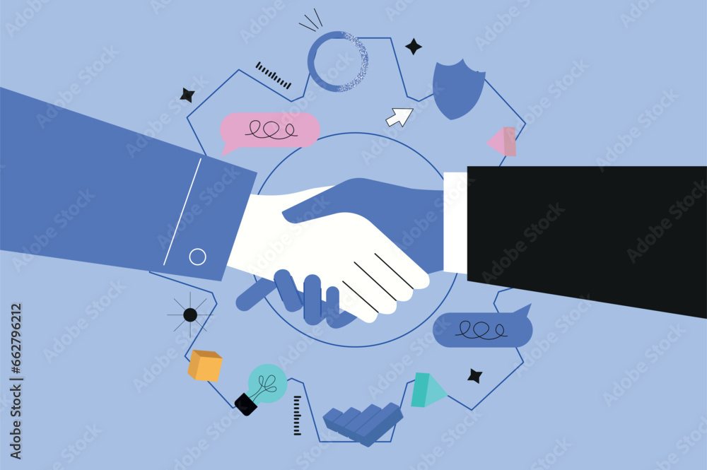 Support hands concept in the flat cartoon style. The handshake in the ...
