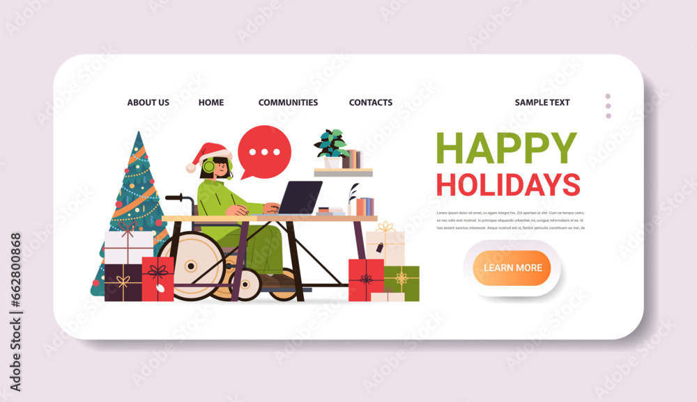 disabled woman operator with headset wearing santa claus hat sitting in ...
