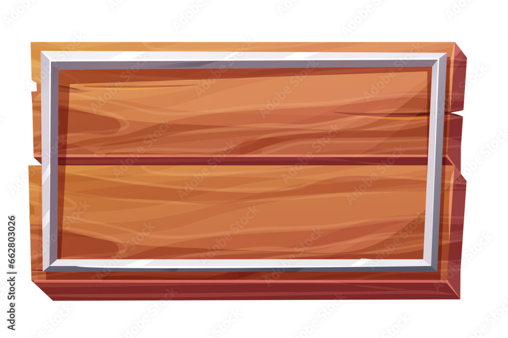 Wood panel with metal border, frame in cartoon style isolated on white ...