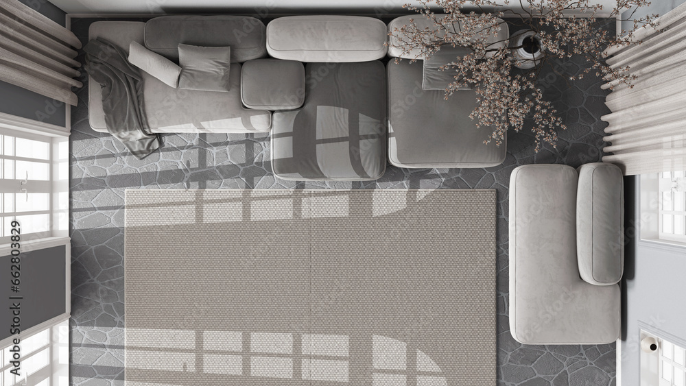 Modern living room in white and dark tones. Velvet sofa with pillows ...