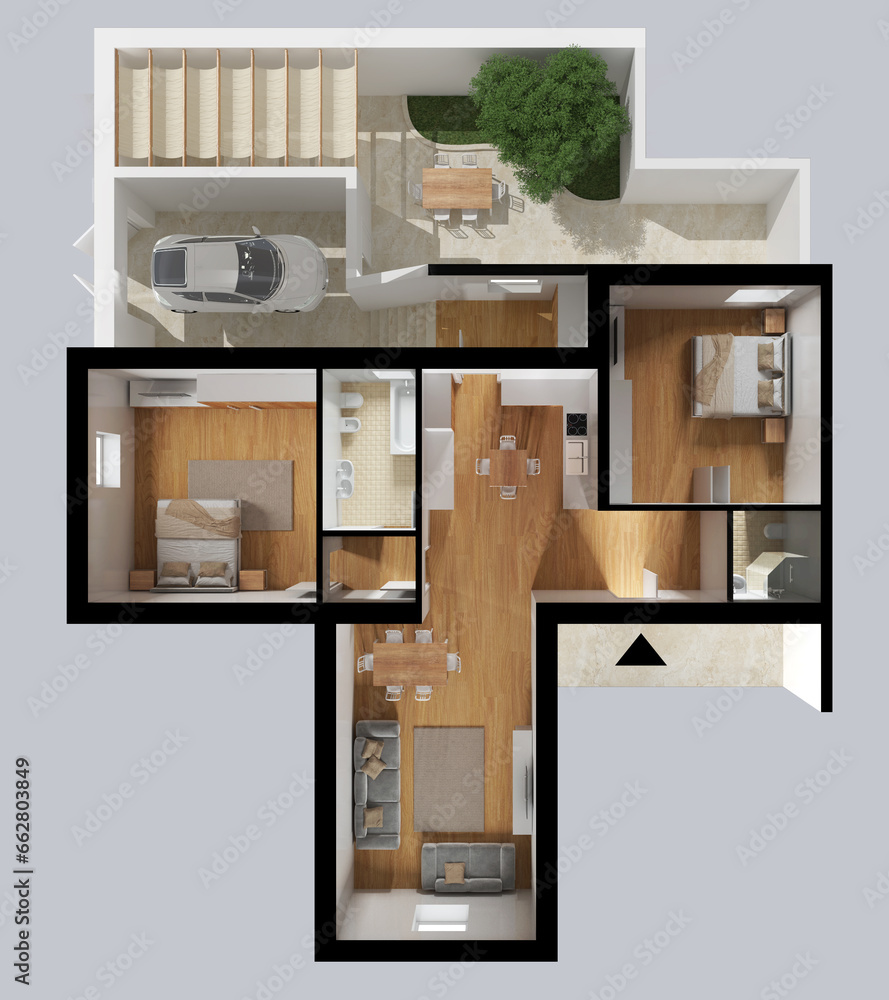 Apartment flat top view, furniture and decors, plan, cross section ...
