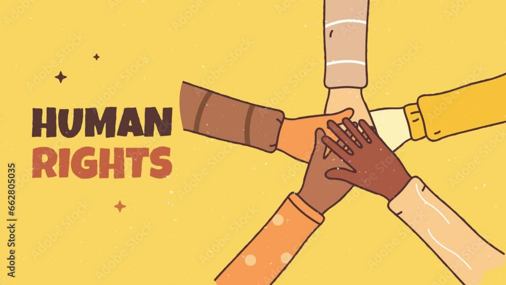 The human rights banner shows five hands holding each other, with warm ...