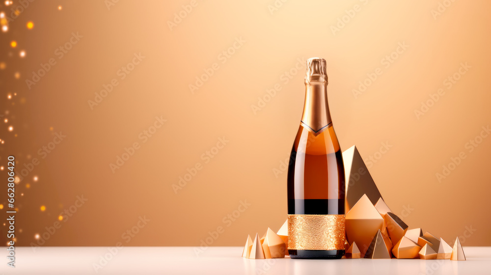 Gold champagne bottle with clean label for product design against ...