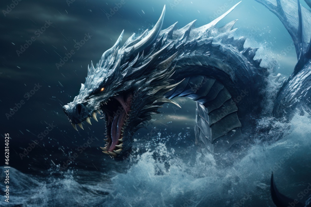stylized illustration with huge powerful water dragon, ai tools ...