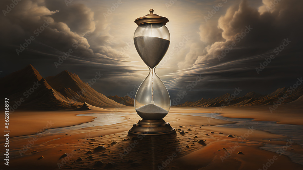 Produce a surreal and dreamlike visual of a giant hourglass standing on ...