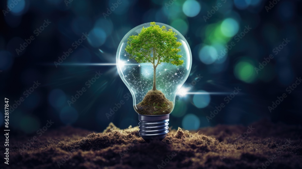 Tree with soil growing on Light bulb. Digital Convergence and and ...