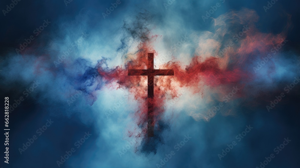 Christian cross surrounded by red and blue smoke symbolizing Heaven and ...