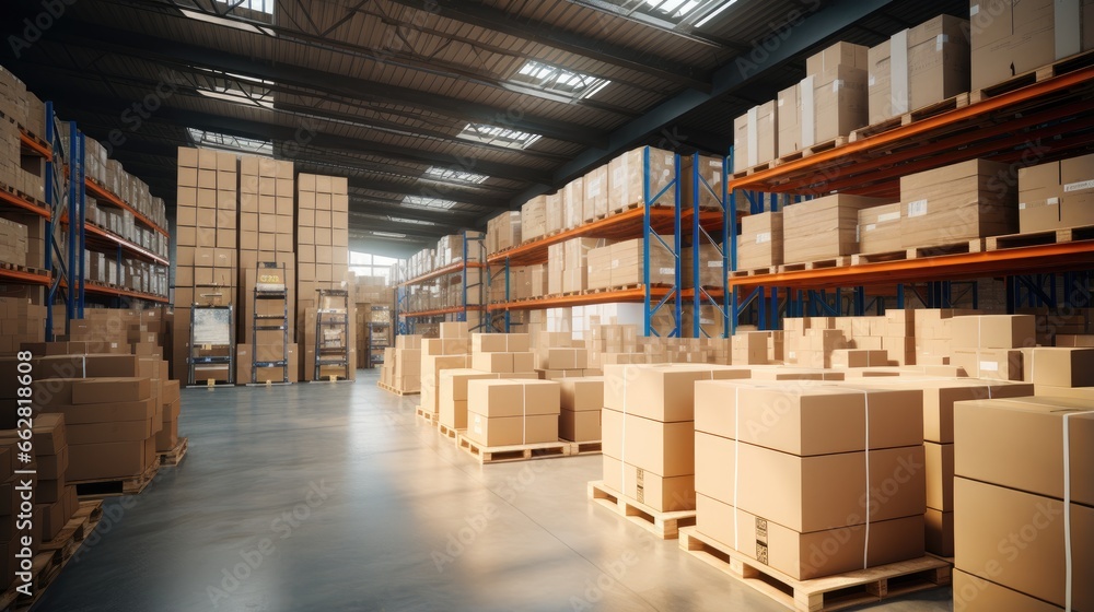 Warehouse with cardboard boxes inside on pallets racks, logistic center ...