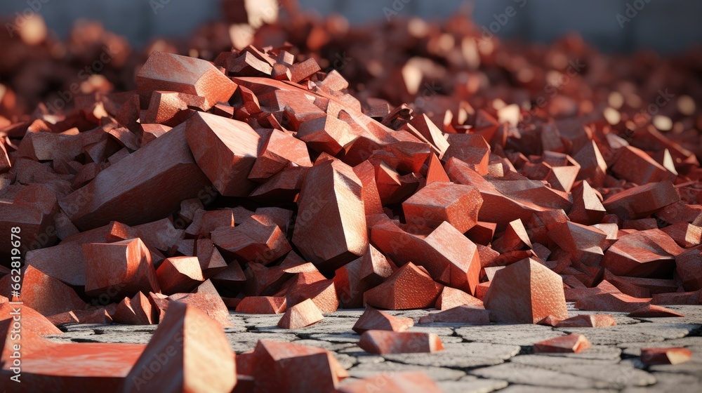 Construction waste. A pile of red broken bricks, concrete debris and rubble. Demolition rubble ...