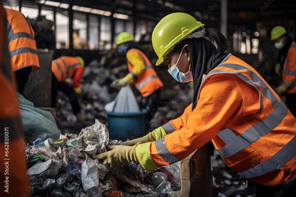Female worker sorting trash material to be processed in a waste ...