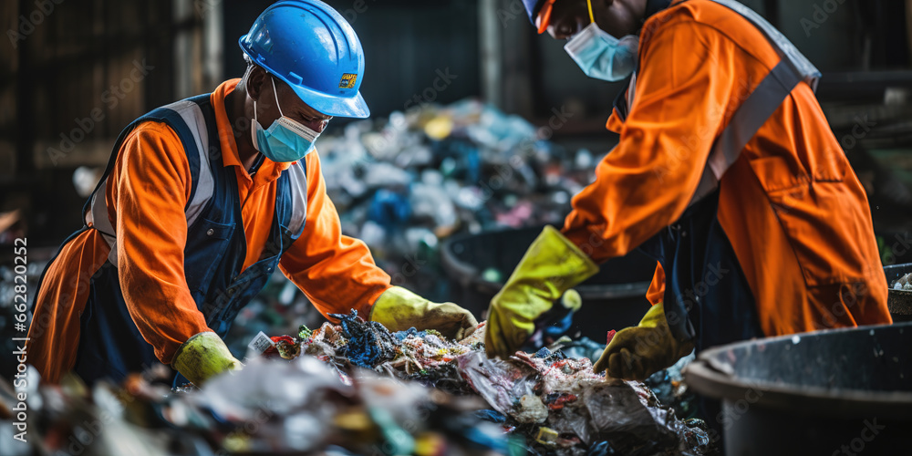 Interracial sorters in protective gloves and safety vests taking ...