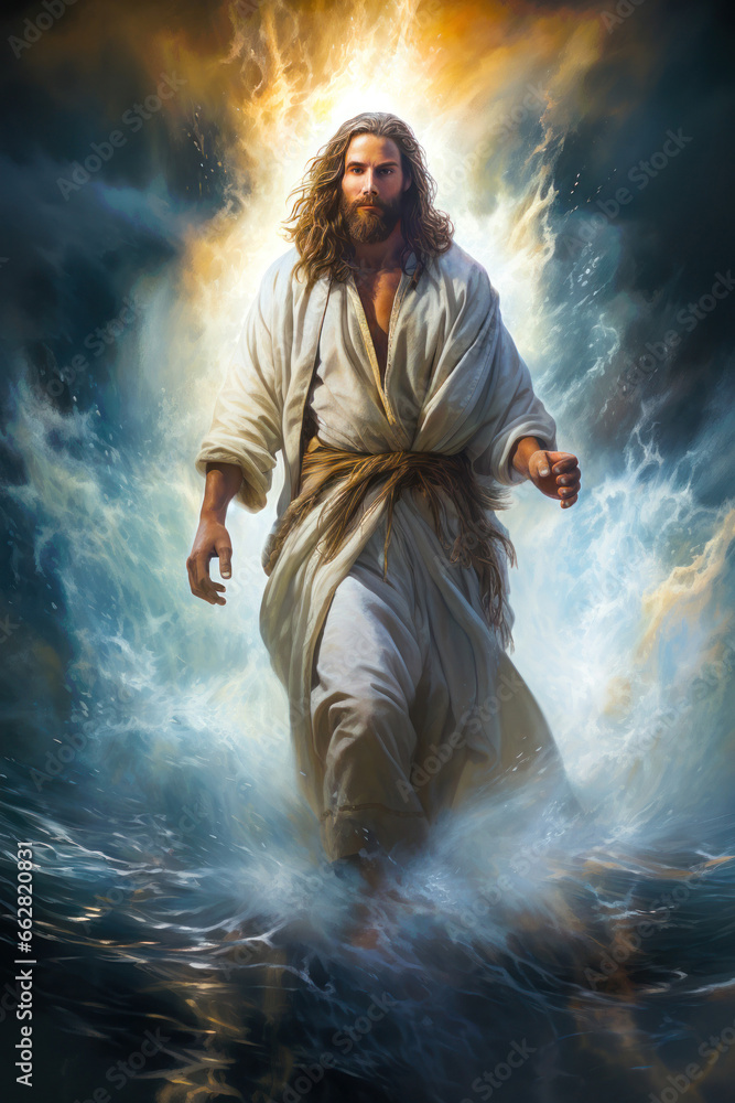 Jesus Christ our Savior walking on turbulent waters under the storm in ...