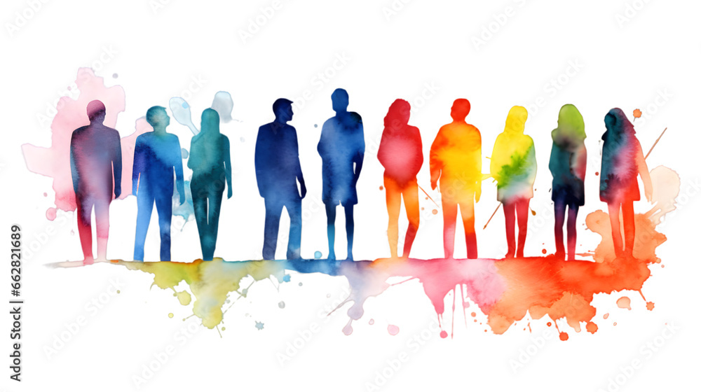 Watercolor colorful simple silhouettes people isolated on transparent ...