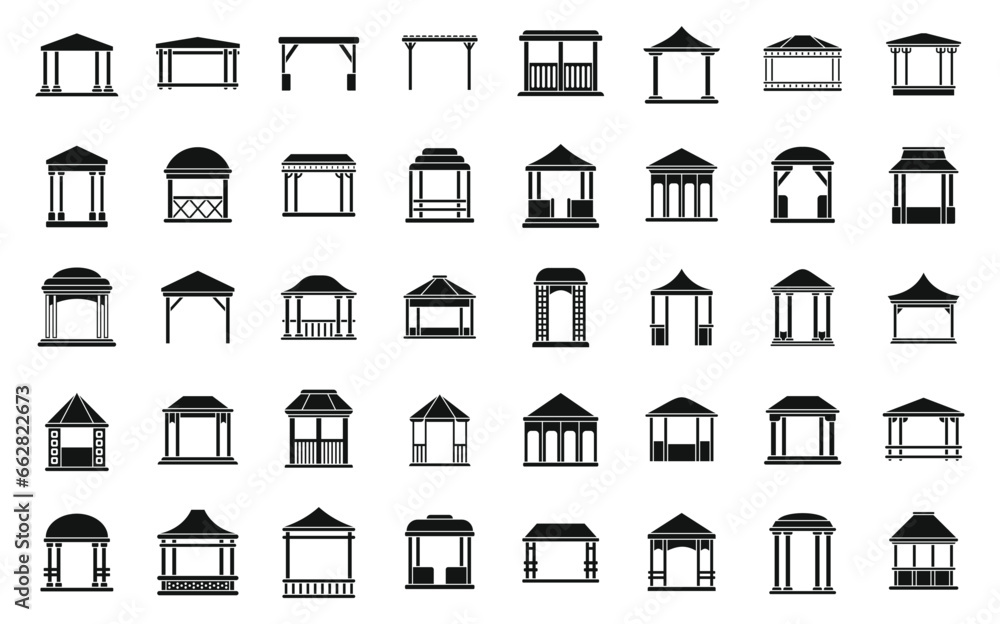 Pergola icons set simple vector. Gazebo park. Wooden alcove patio Stock ...