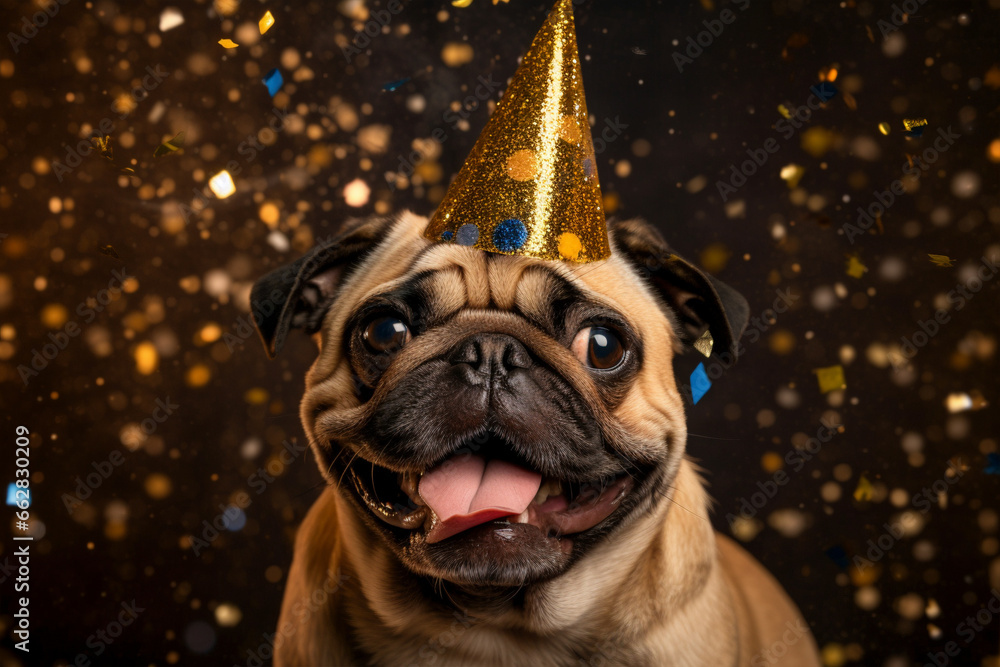 Pug dog wearing New Year's Eve party celebration hat in front of dark ...
