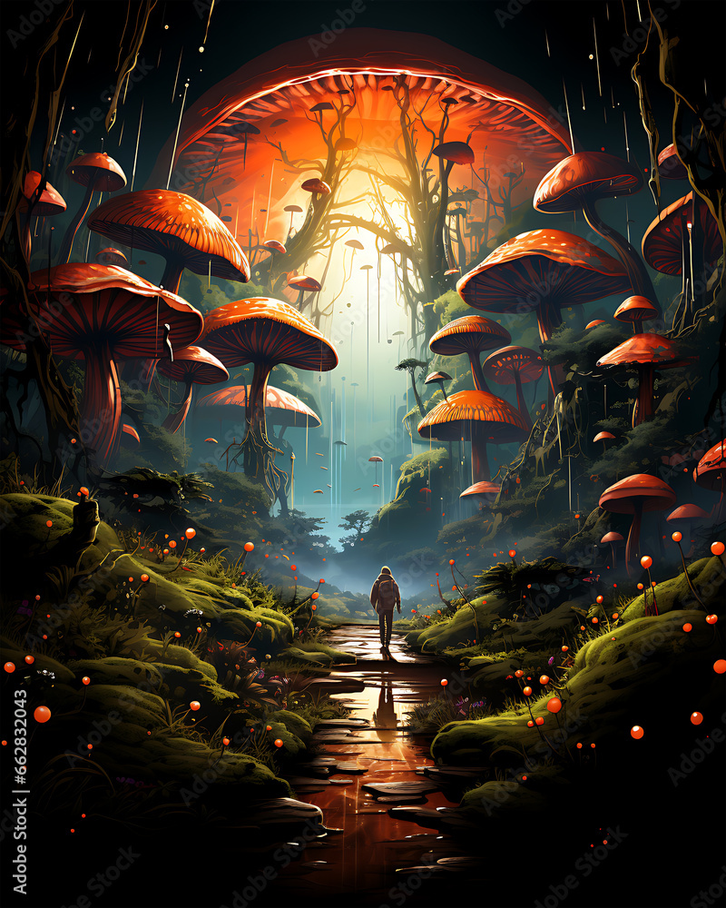 Colorful cartoon Alien walking in an Enchanted Woods with a city ...