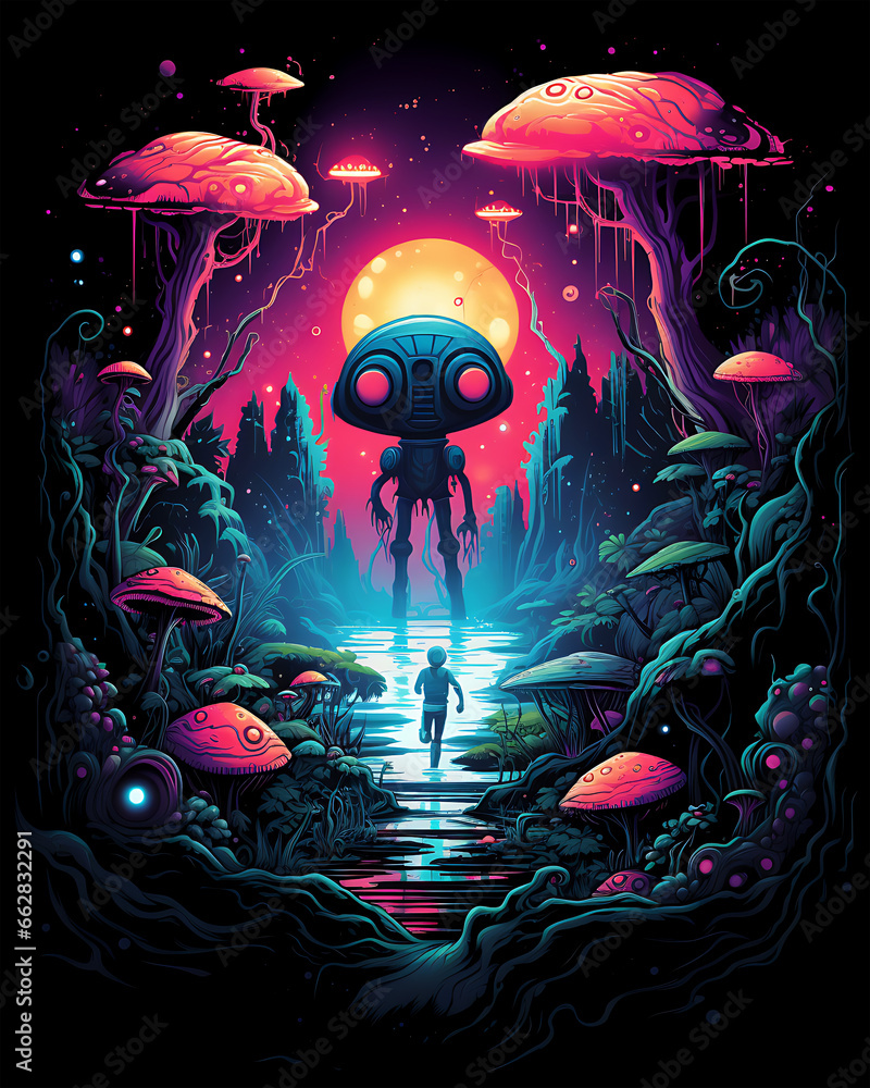 Colorful cartoon Alien walking in an Enchanted Woods with a city ...