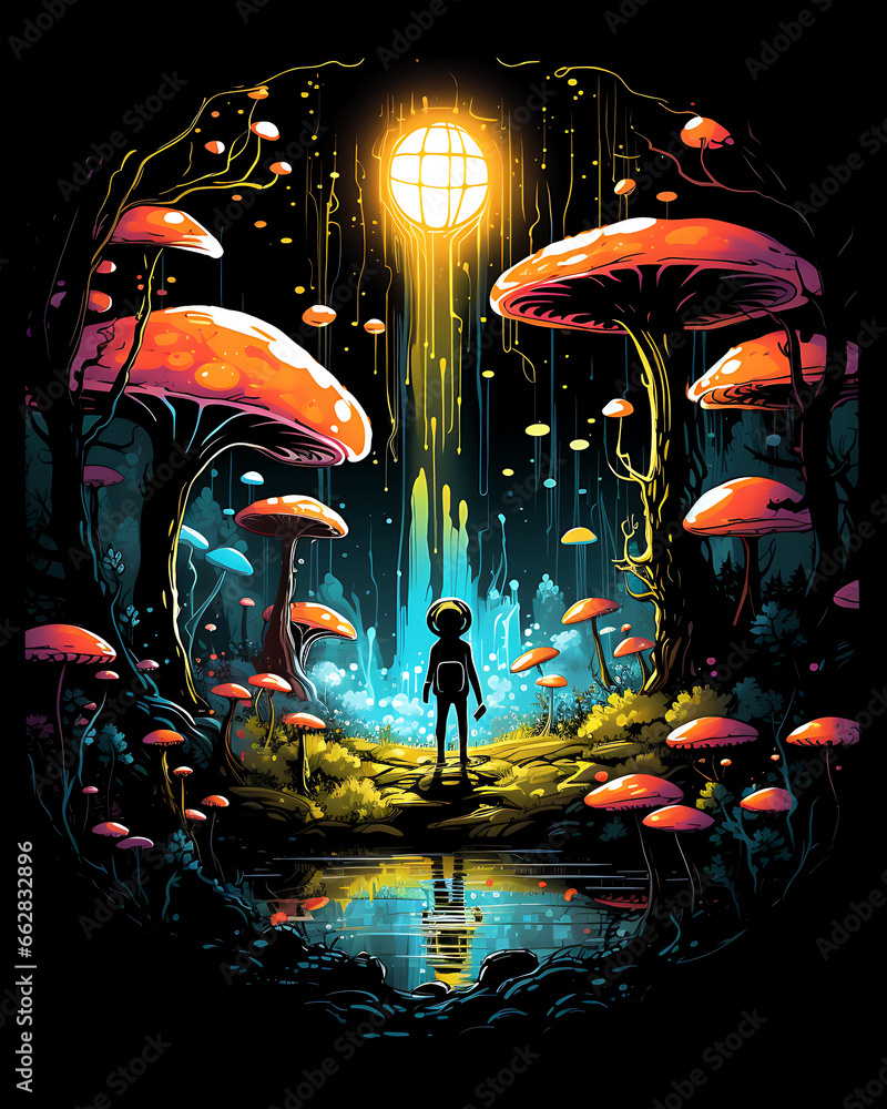 Colorful cartoon Alien walking in an Enchanted Woods with a city ...