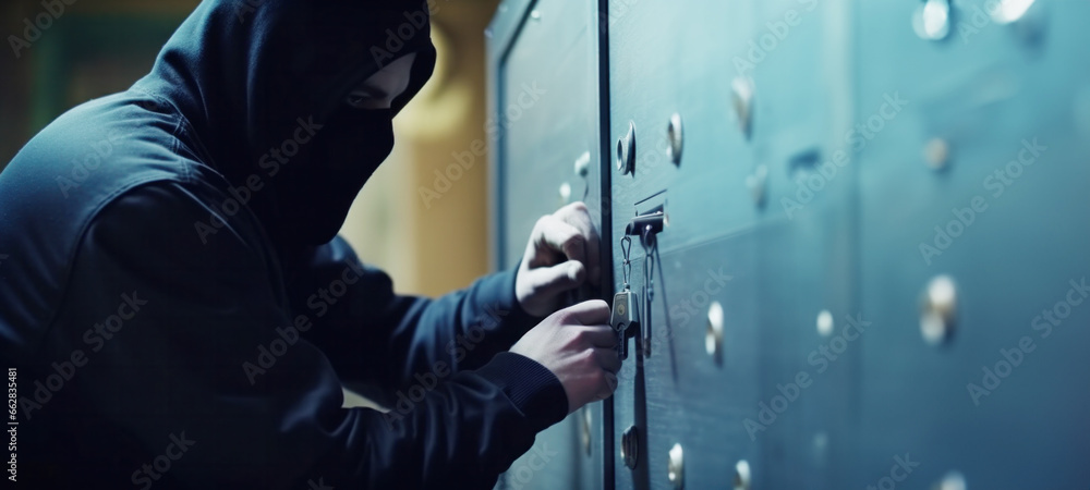 Burglary or thief breaking into a home opens the lock on the door of a ...