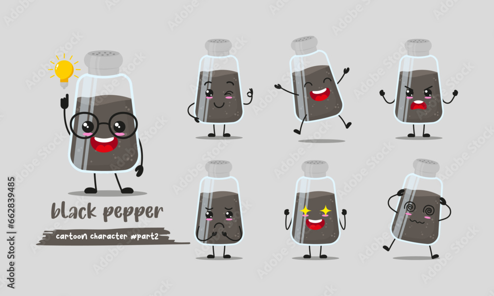 cute black pepper cartoon with many expressions. ingredient character ...
