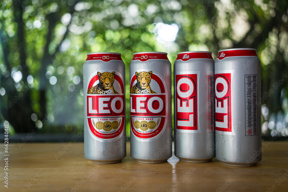 Bangkok, Thailand - October 16, 2023 : The new design can is a Leo Beer ...