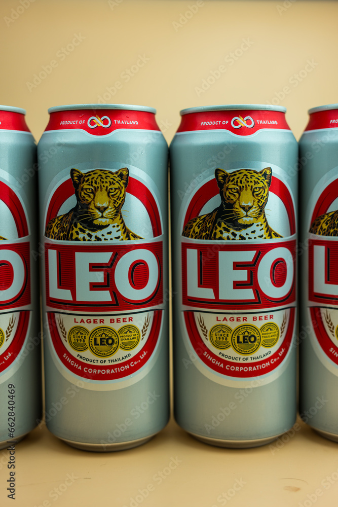 Bangkok, Thailand - October 16, 2023 : New of can design can, Leo beer ...