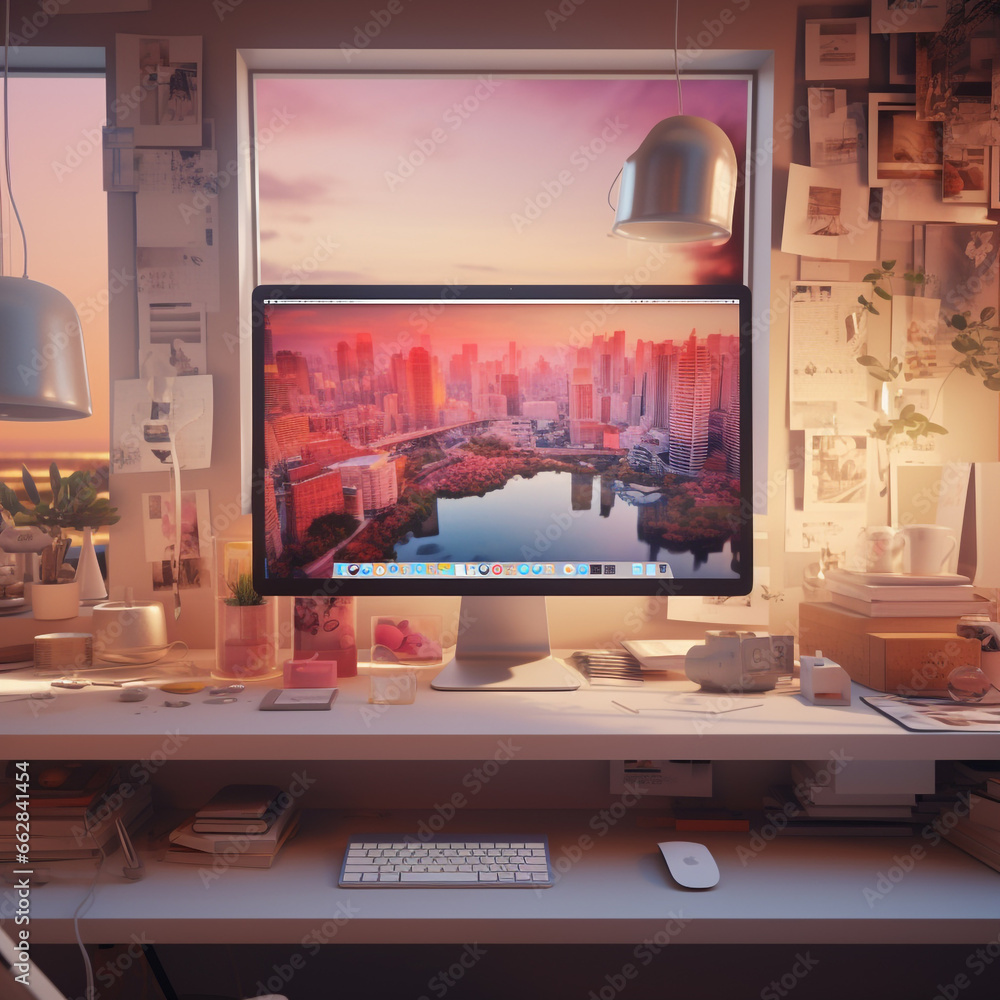 Creator desk. Creative workspace. Desk with a view. Desk by a window. I ...