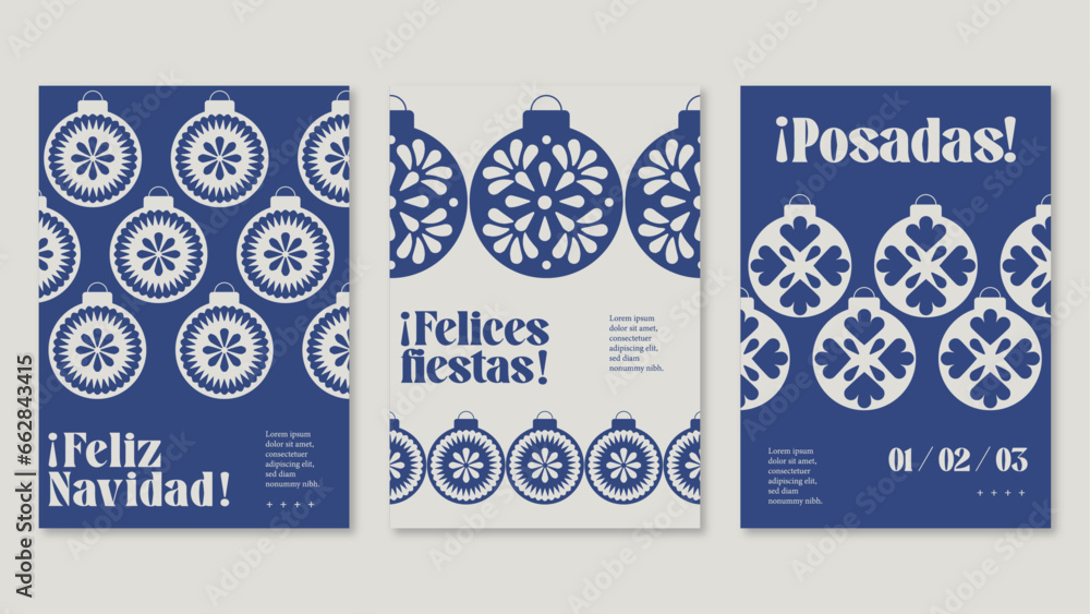 Conjunto de tarjetas postales, póster, invitación, Navidad mexicana esferas, posadas navideñas ...