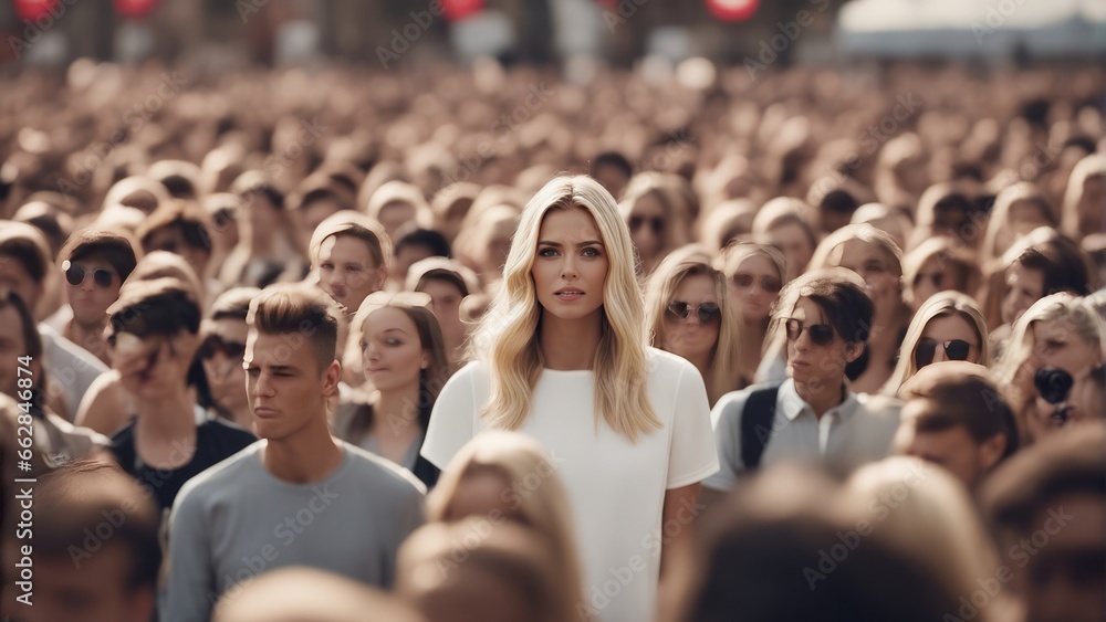 Stand out from the crowd concept with blonde woman standing out from ...