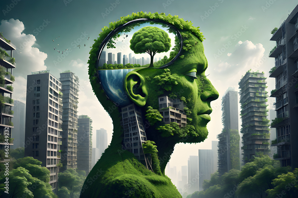 The image depicts human thinking towards preserving nature, reducing carbon footprint and ...