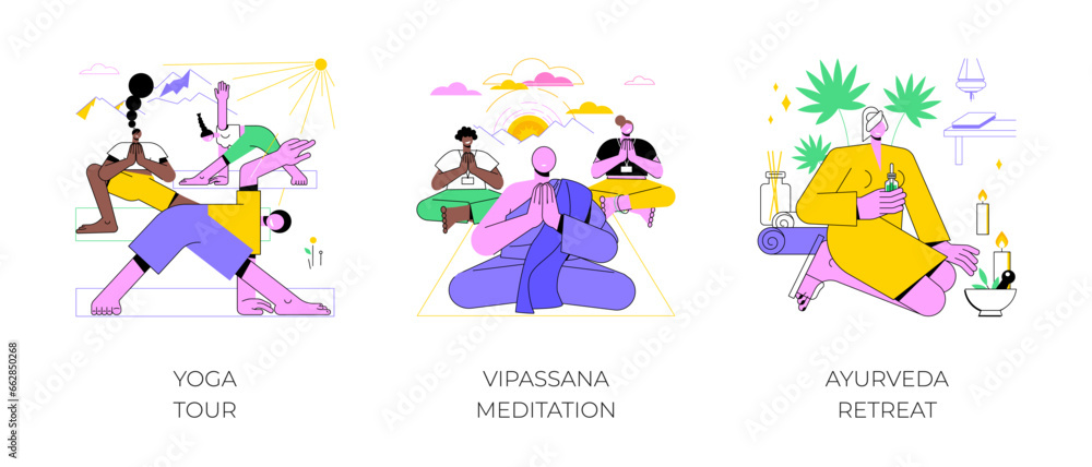 Wellbeing tour isolated cartoon vector illustrations set. Diverse ...