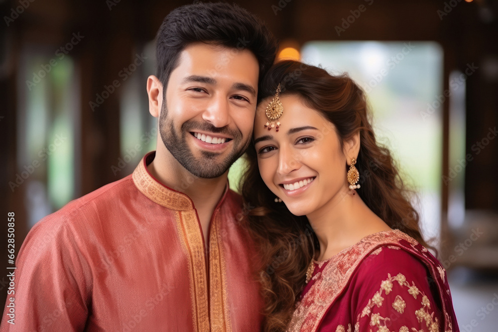 Young indian couple in traditional wear, hugging to each other and ...