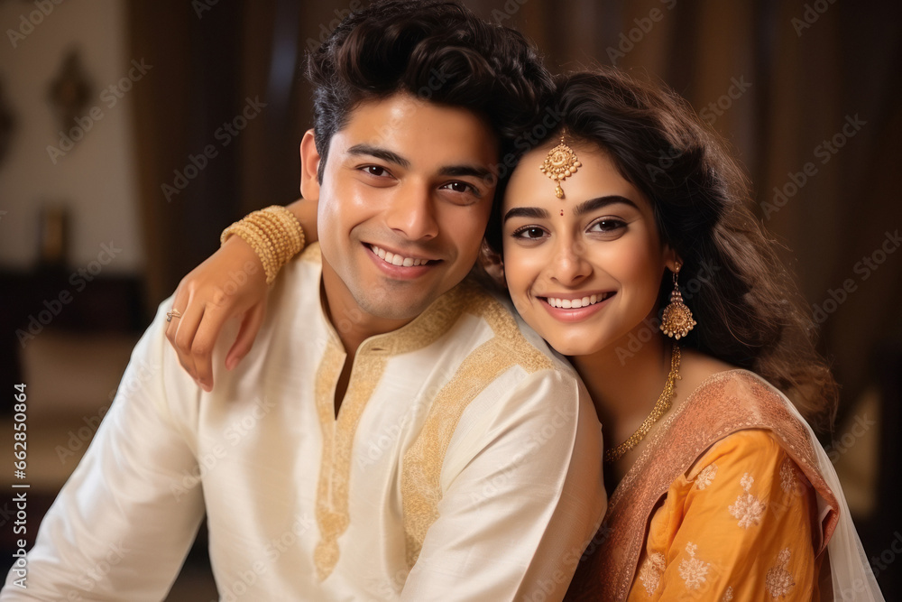 Young indian couple in traditional wear, hugging to each other and ...
