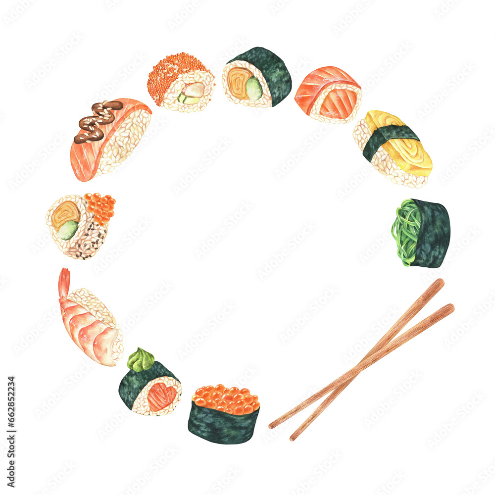 Sushi frame border. Watercolor illustration of Japanese food. Hand ...