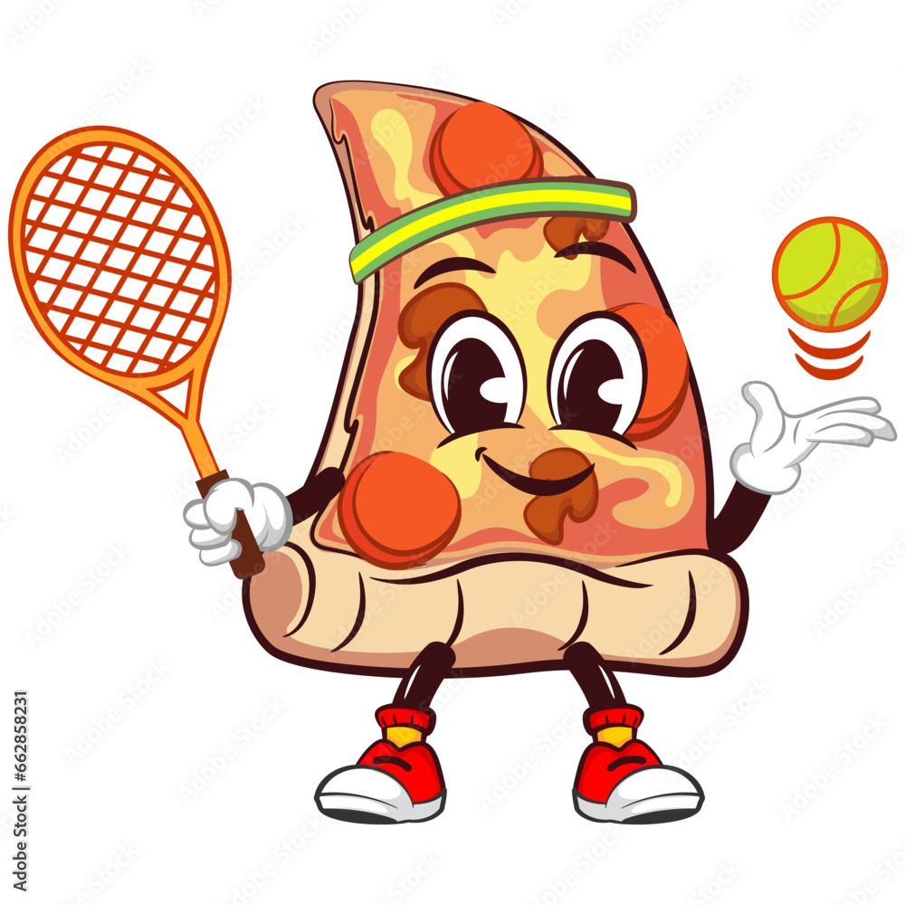 vector mascot character of a slice of pizza playing tennis with a ball ...