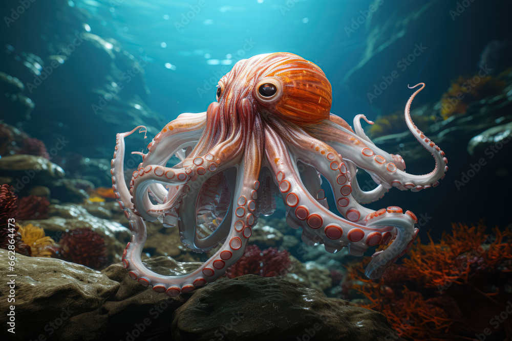 Squid gracefully maneuvering at the ocean floor. Generative Ai. Stock ...