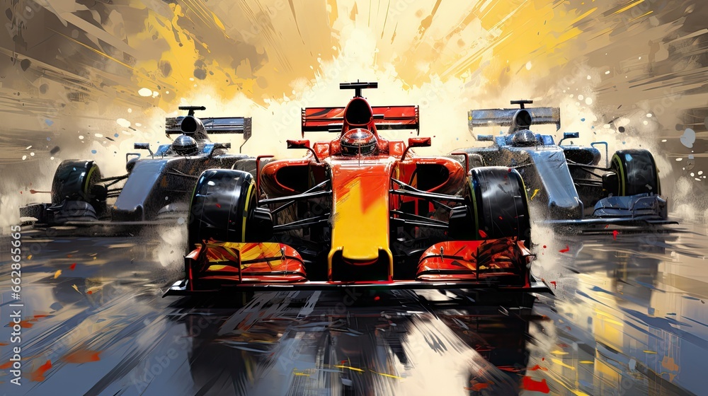 Three racing cars on motion during competition round over blurred ...