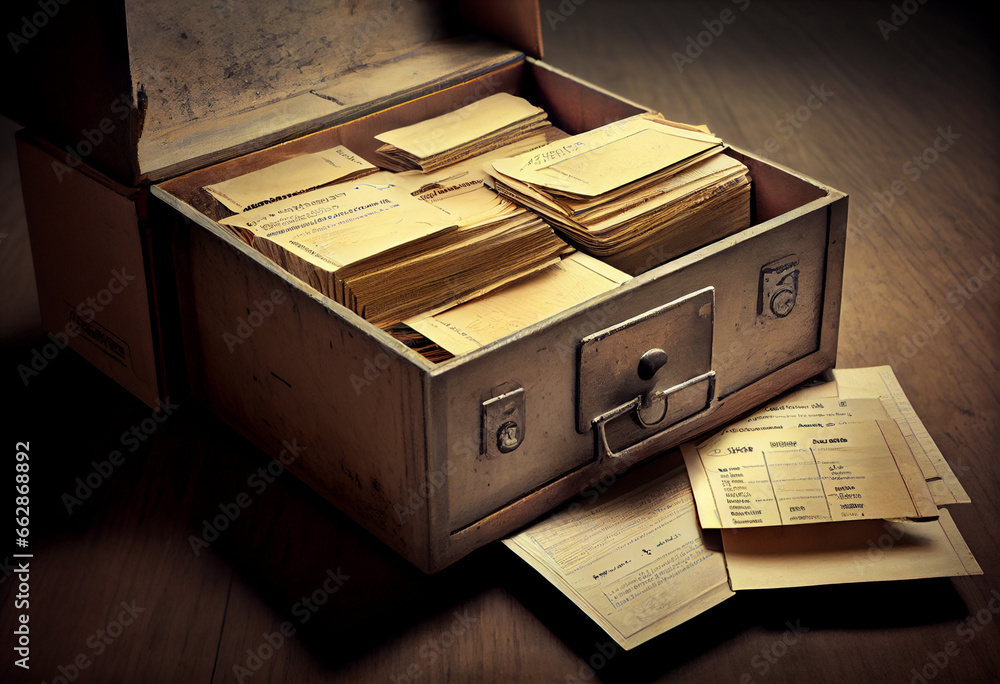 File cabinet. Box with old paper cards, archive, inventory concept ...