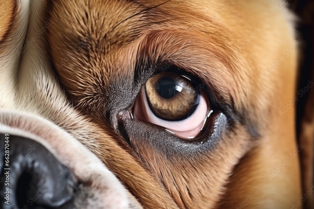 A detailed close-up view of a dog's eye and nose. This image captures ...