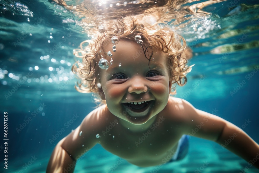 young child swimming underwater in a pool, surrounded by playful air ...