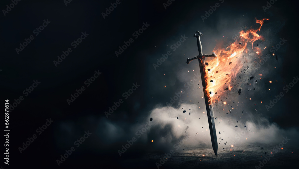 Sword of Grace and Peace. A flaming sword stuck in the ground. Flames ...