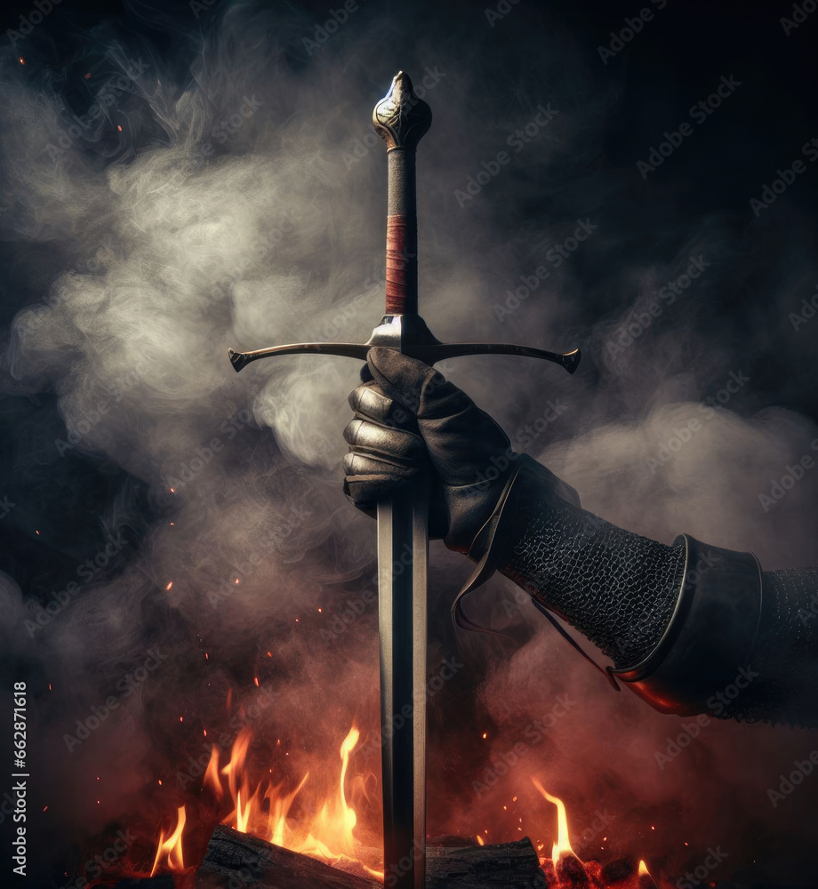 Divine Harmony: Sword of the Spirit. A knight holding a sword. smoke ...