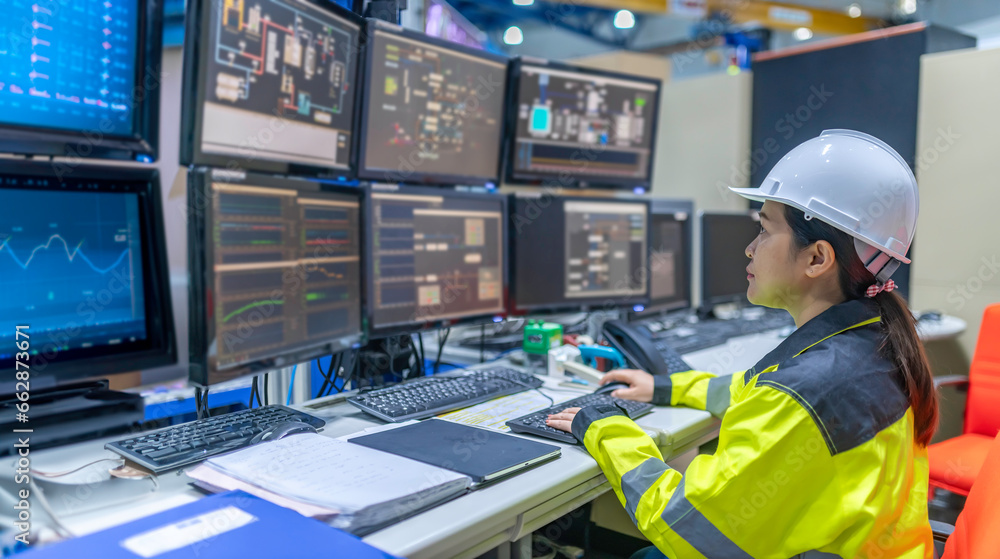 Inside the large Industry Factory Female Computer Engineer Works on ...