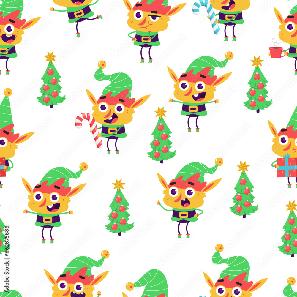Cute Christmas elf vector cartoon seamless pattern background for ...
