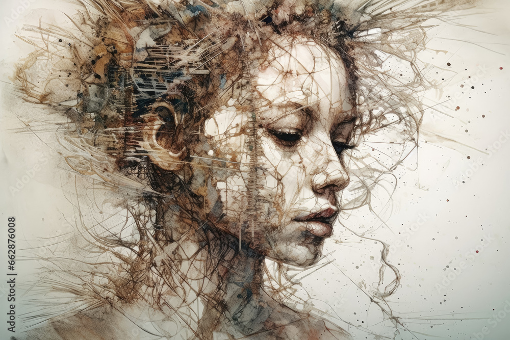 An abstract representation of a woman's face crafted from paper pieces ...