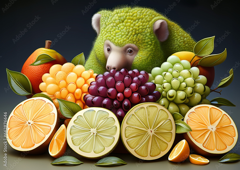 Cute green teddy bear with fruits. Fruits rich in vitamins, grapes ...