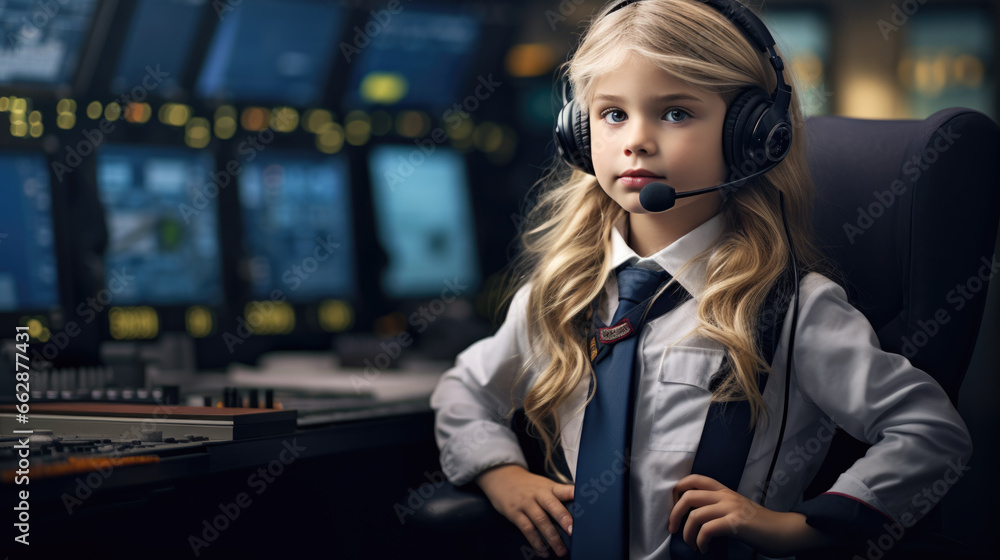 Little girl posing as a dispatcher. The concept of children in adult ...