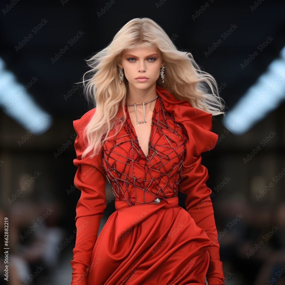 Fashion show, model in red prom dresses on stage, Stock Photo | Adobe Stock