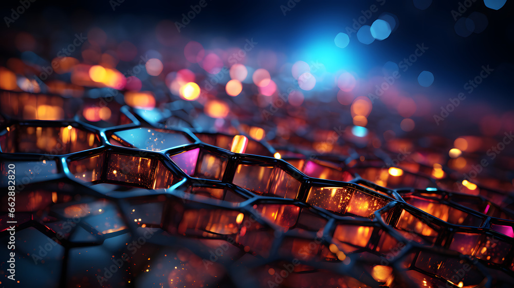 Holographic hexagonal grid with particles, technology background, aspect-ratio 16:9 Stock イラスト ...